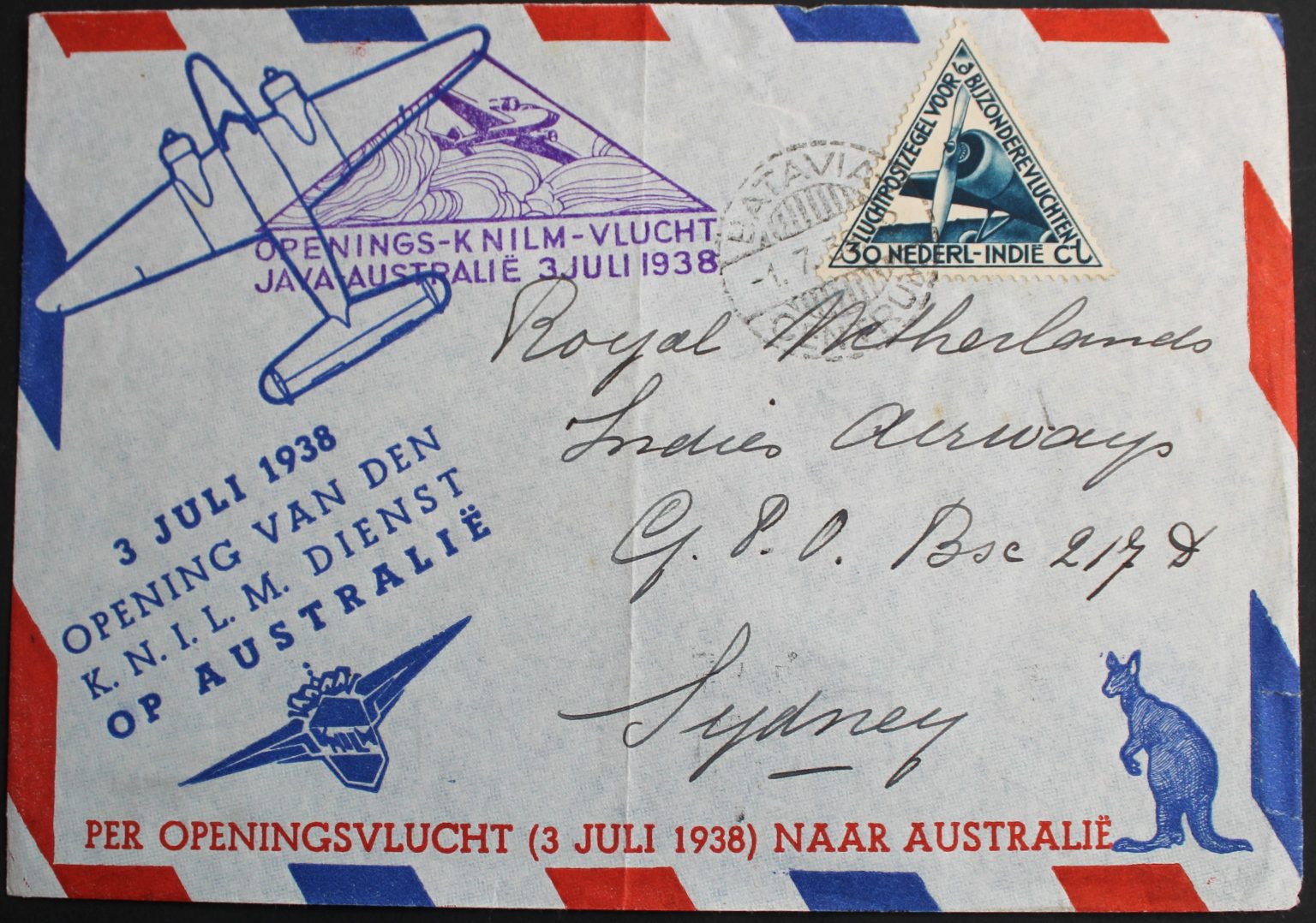 Java 1938 KLM cover to Sydney 3 JULI 1938 with cachet - H & C Fare Stamp