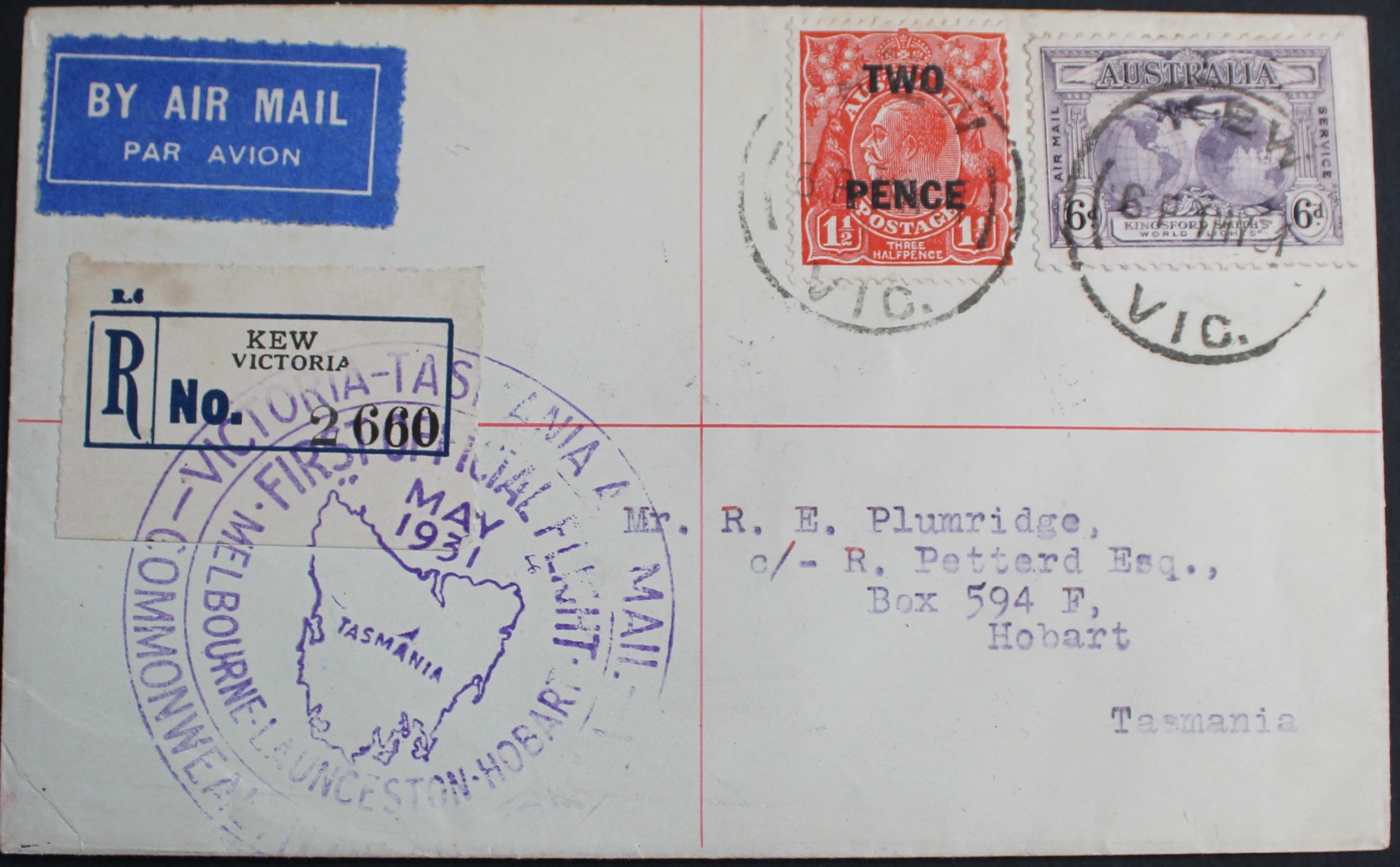 Australia 1931 Melbourne to Hobart first flight cover with cachet - H ...